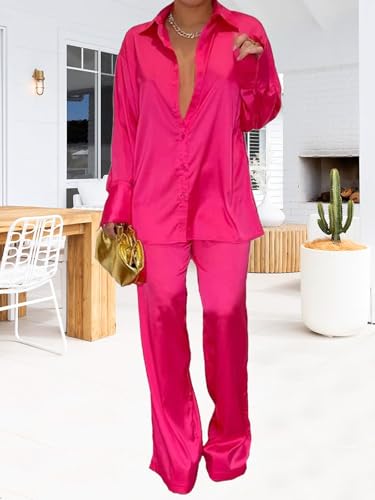 GTMRINJN Women's Long Sleeve Button Down Sleepwear Loose Satin Tops and Wide Leg Pants Set 2 Piece Loungewear Pjs Rose Red M