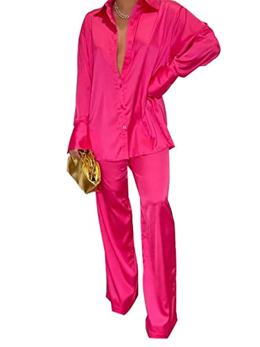 GTMRINJN Women's Long Sleeve Button Down Sleepwear Loose Satin Tops and Wide Leg Pants Set 2 Piece Loungewear Pjs Rose Red M