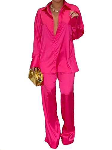 GTMRINJN Women's Long Sleeve Button Down Sleepwear Loose Satin Tops and Wide Leg Pants Set 2 Piece Loungewear Pjs Rose Red M