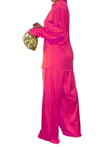 GTMRINJN Women's Long Sleeve Button Down Sleepwear Loose Satin Tops and Wide Leg Pants Set 2 Piece Loungewear Pjs Rose Red M