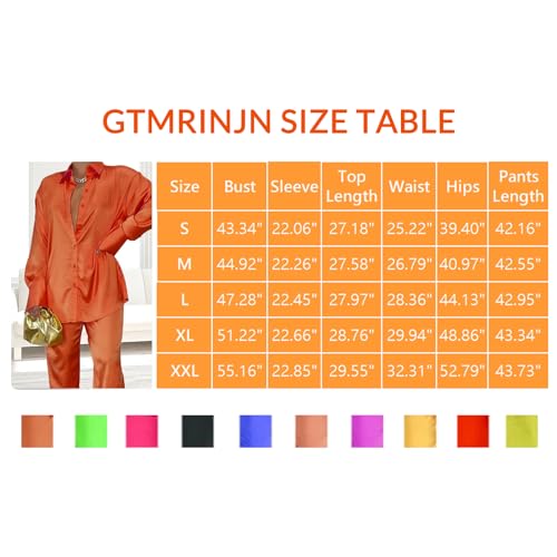GTMRINJN Women's Long Sleeve Button Down Sleepwear Loose Satin Tops and Wide Leg Pants Set 2 Piece Loungewear Pjs Rose Red M