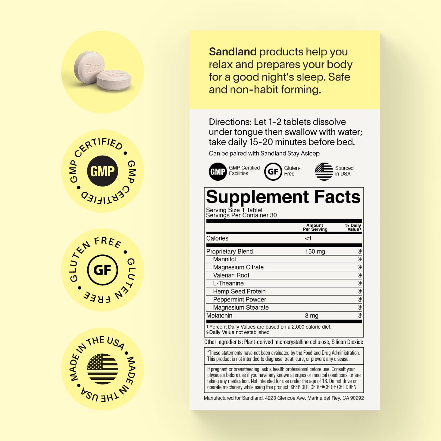 Sandland Fall Asleep Plus Melatonin, Natural Daily Sleep Supplement, 30 Dissolving Tablets, 3mg Melatonin, Magnesium, Valerian Root, L-Theanine, Peppermint Leaf, Made in The USA