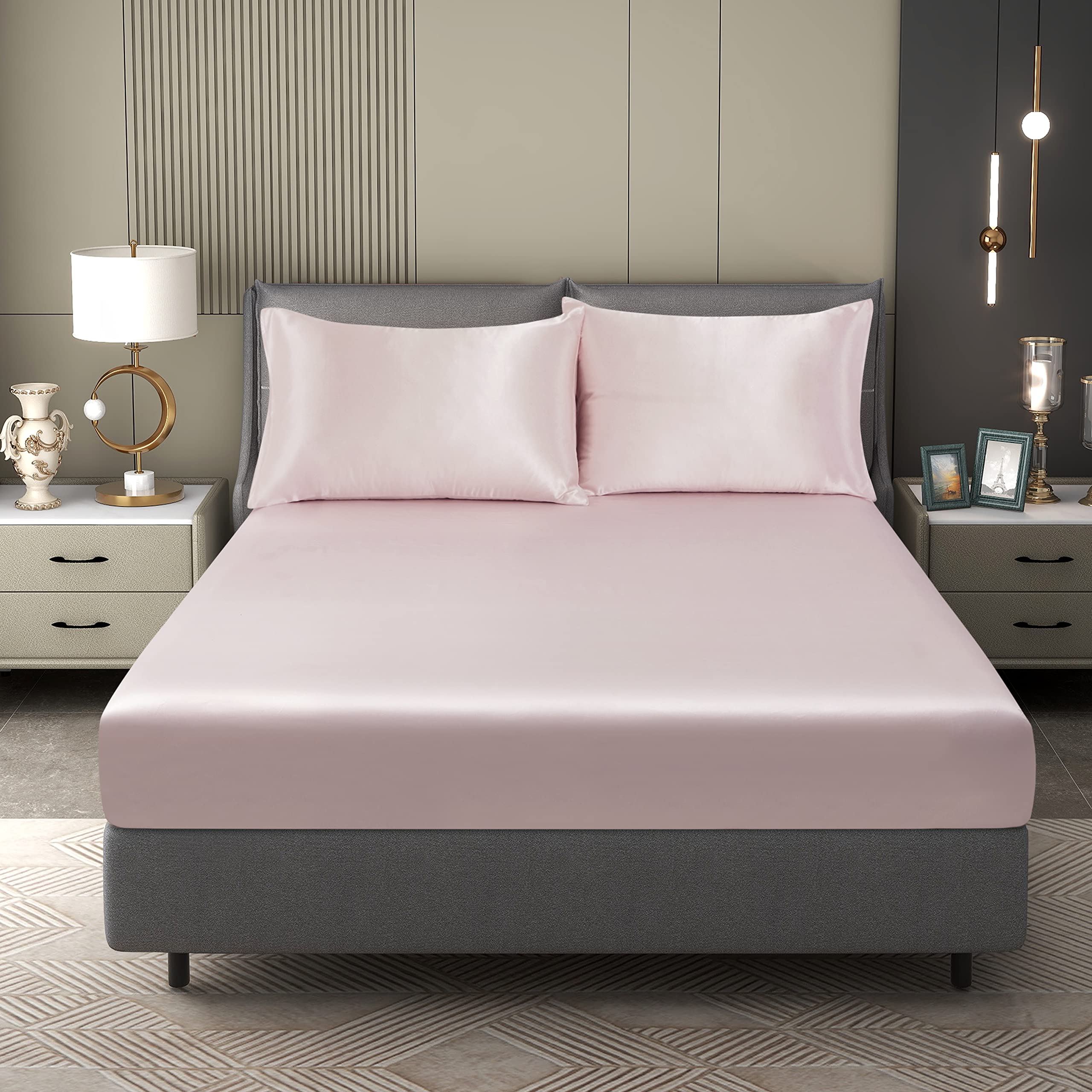 Counfeisly Twin Size Satin Fitted Sheet, Silky and Breathable Luxury Deep Pockets Fitted Sheet Only, Blush Pink