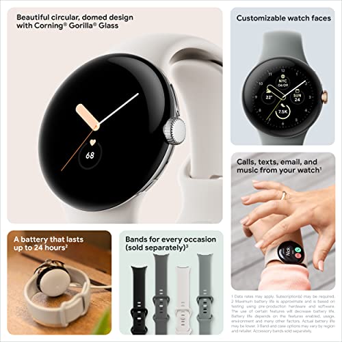 Google Pixel Watch 1st Gen (Previous Model) - Android Smartwatch with Fitbit Activity Tracking - Heart Rate Tracking Watch - Polished Silver Stainless Steel case with Chalk Active band - LTE