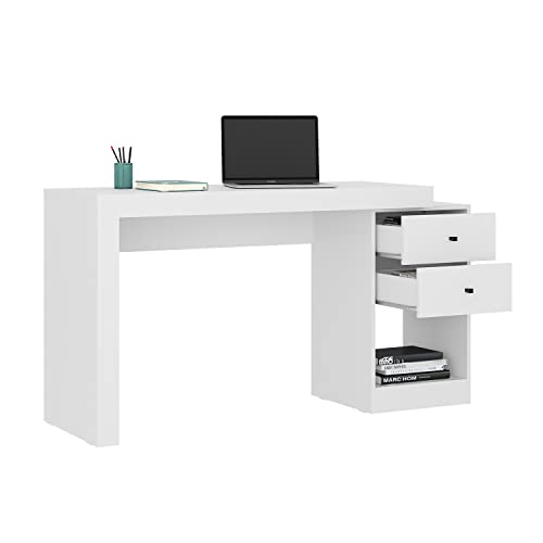 Techni Mobili Expandable Desk with Storage Drawers & Open Shelf - Expands from 47 Inch to 57 Inch - White Computer Desk with Printer Space - Modern Home Office Table with Drawers Blanco Collection