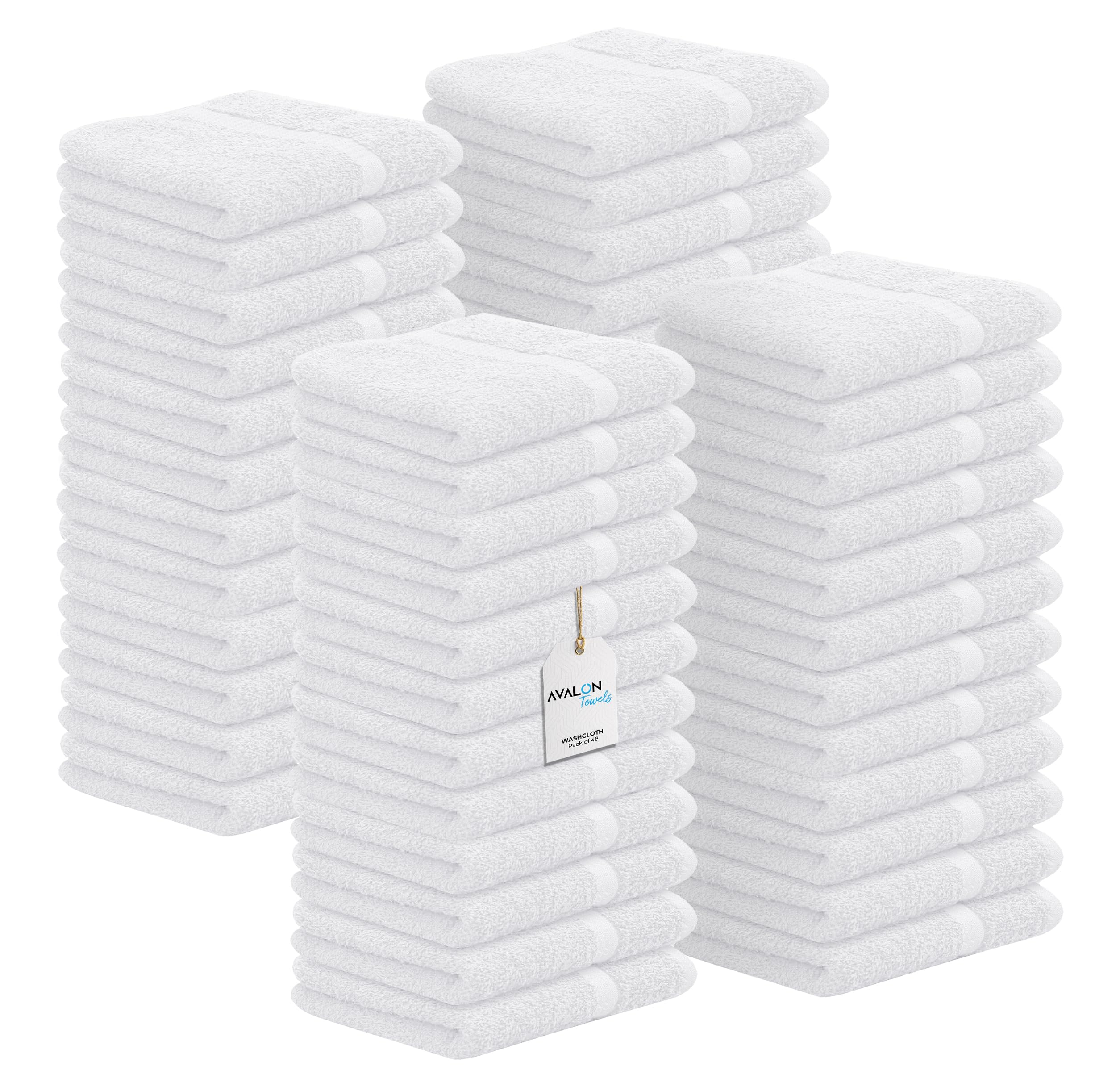 Avalon Towels Cotton Washcloths – (Pack of 48) Size 12x12 Inches, 100% Ring Spun Cotton, Soft & Absorbent Face Towels, Gym Towels, Hotel and Spa Quality, Reusable Fingertip Towels (White)