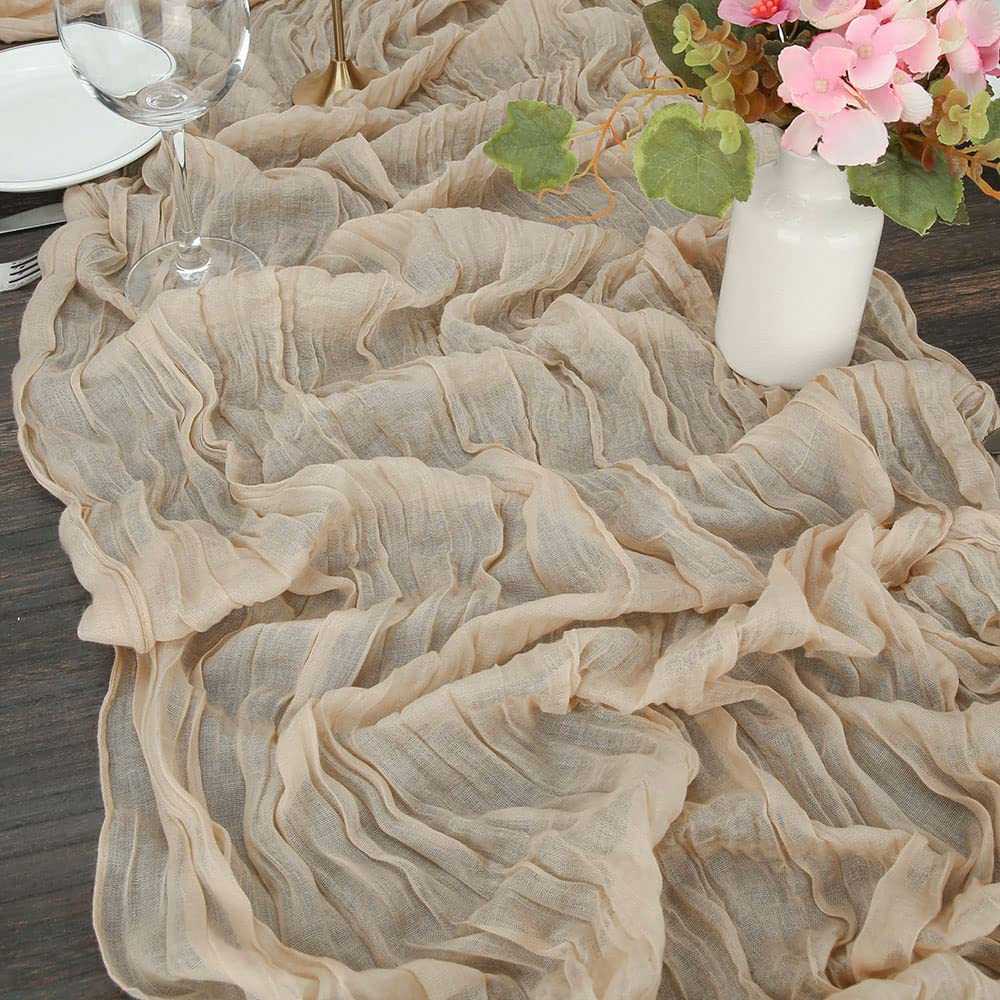 2 Pcs Sand Cheesecloth Table Runner Vintage Gauze Fabric Table Runner for Wedding Reception Bridal Shower Party Holiday Table Rustic or Boho Decor, 13 Ft x 35" Wide