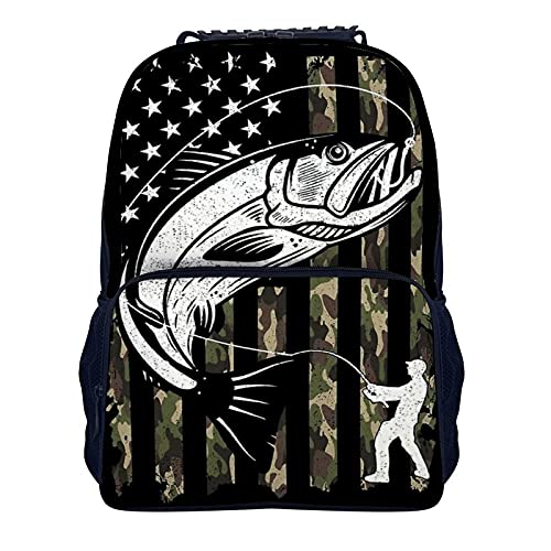 American Flag Camouflage Bass Fishing Printed School Bag Funny Patterned Bookbags For Teenage 16 Inch Shoulder Backpack