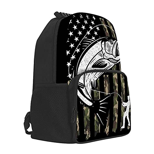 American Flag Camouflage Bass Fishing Printed School Bag Funny Patterned Bookbags For Teenage 16 Inch Shoulder Backpack