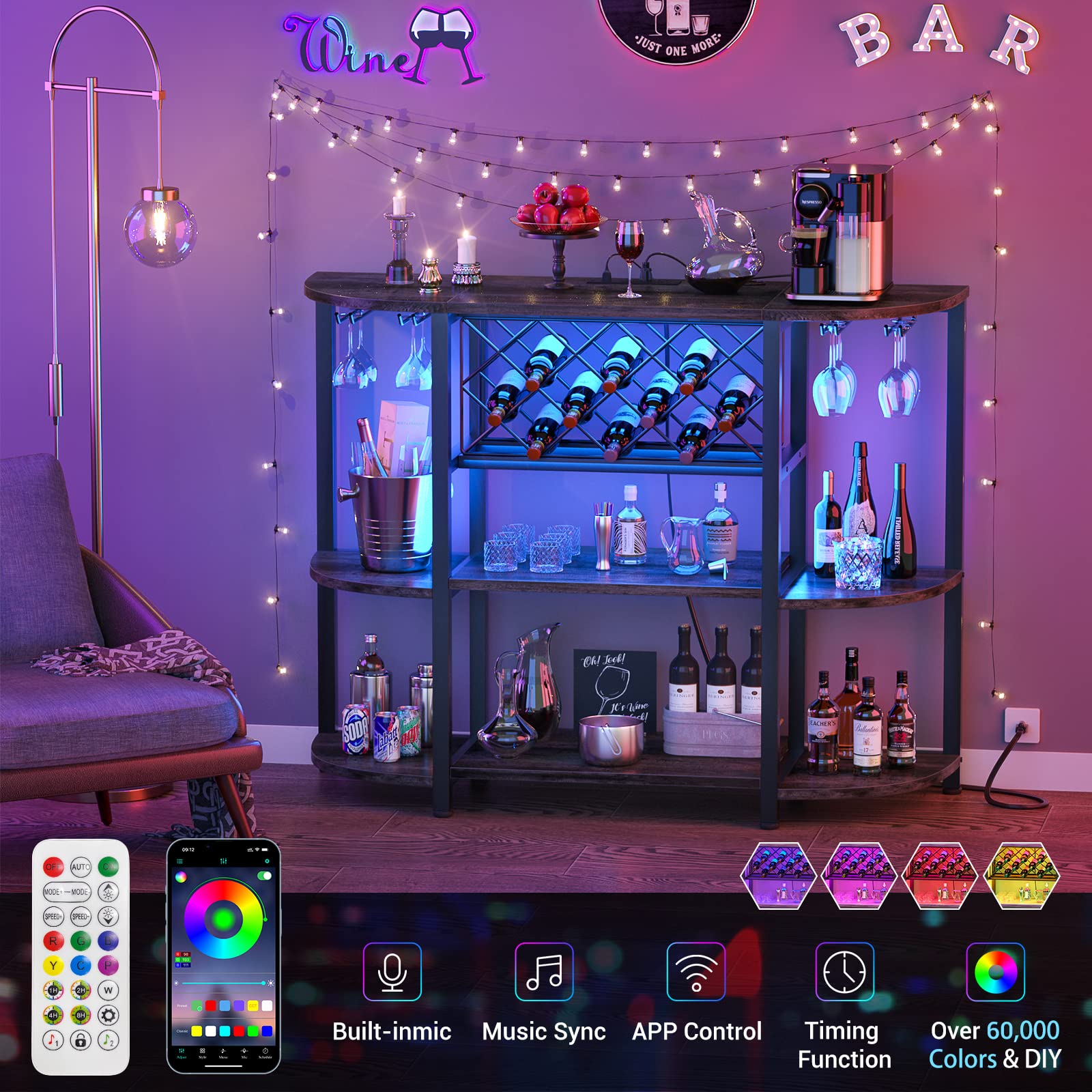Unikito 4-Tier Metal Coffee Bar Cabinet with Outlet and LED Light, Freestanding Floor Bar Table for Liquor with Glass Holder and Wine Rack Storage, Wine Bakers Rack for Kitchen Dining Room, Gray Oak