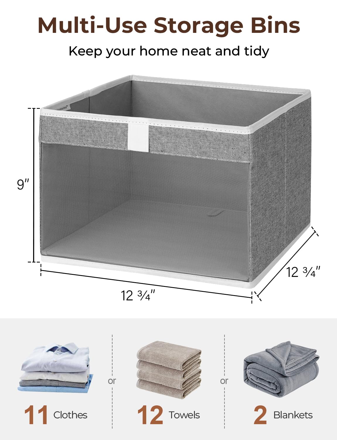 StorageWorks Closet Storage Bins, Large Storage Baskets with Clear Window and Handles, Fabric Organizer for Clothes, Foldable Cube for Shelves, Gray, 3 Pack