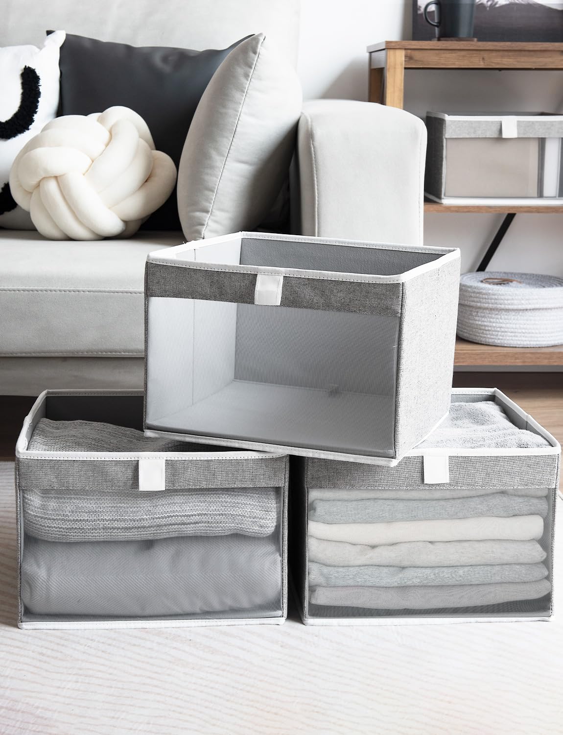 StorageWorks Closet Storage Bins, Large Storage Baskets with Clear Window and Handles, Fabric Organizer for Clothes, Foldable Cube for Shelves, Gray, 3 Pack