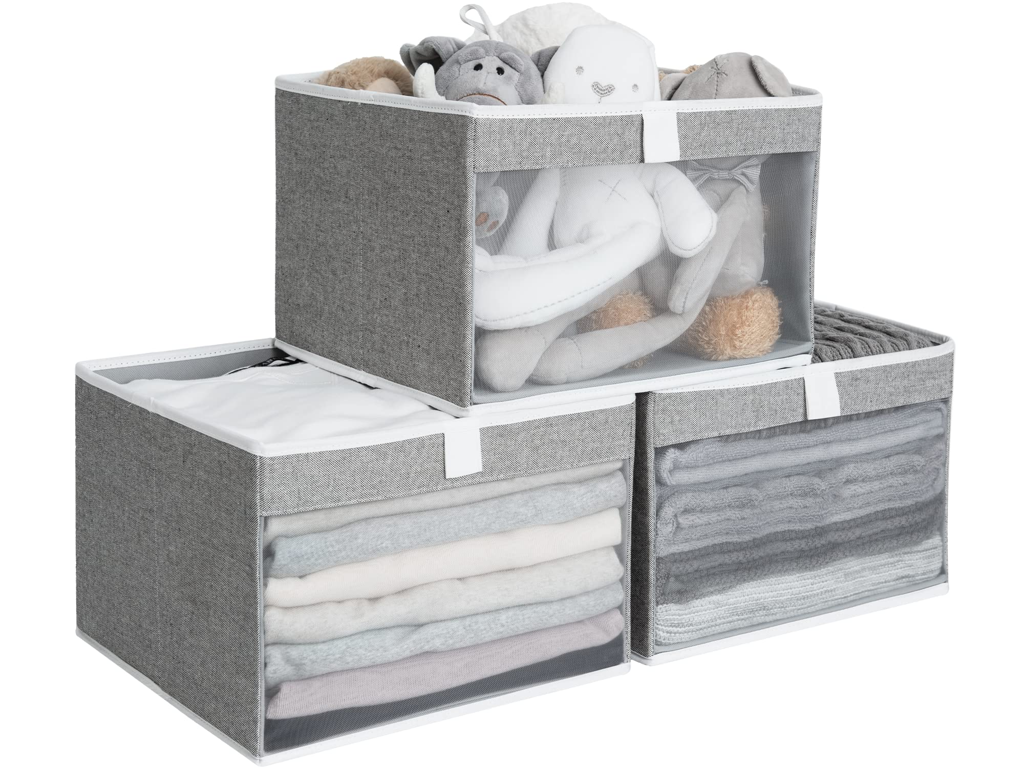 StorageWorks Closet Storage Bins, Large Storage Baskets with Clear Window and Handles, Fabric Organizer for Clothes, Foldable Cube for Shelves, Gray, 3 Pack