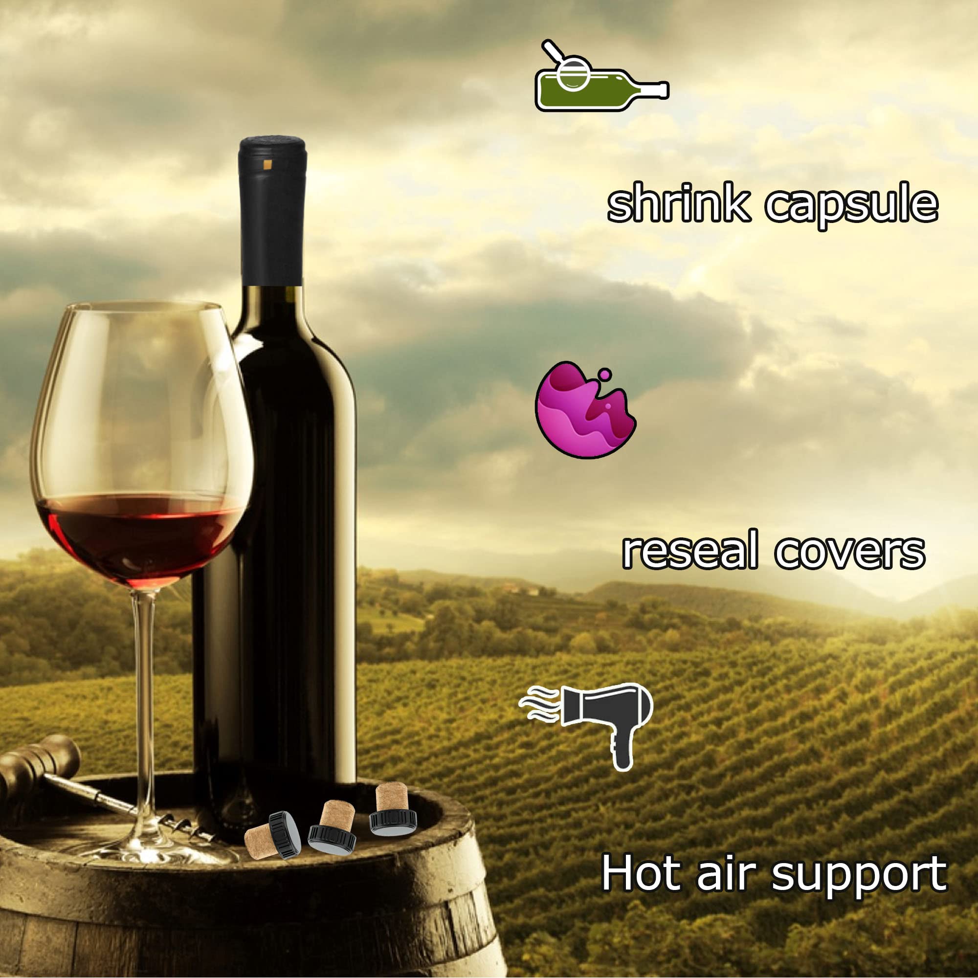 ZHBWOW Shrink Wine Bottle Caps for Sealing - Heat Wrap Sleeves with PVC Seals for Cruise and Home 100 Pack Matte Red Caps & 12 Pack Black Caps with Tasting Corks (black)