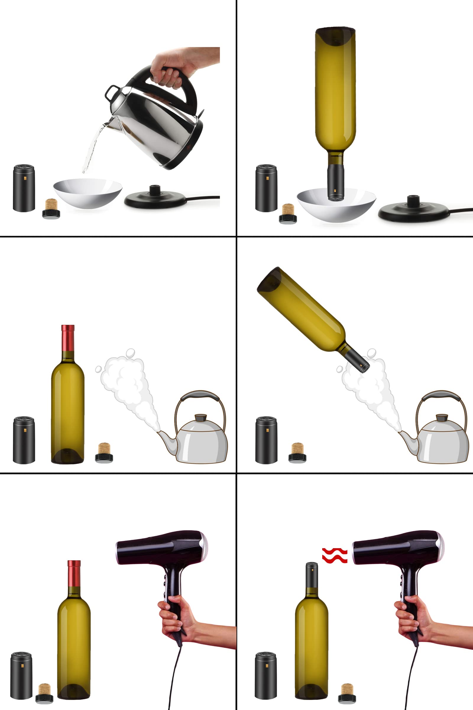 ZHBWOW Shrink Wine Bottle Caps for Sealing - Heat Wrap Sleeves with PVC Seals for Cruise and Home 100 Pack Matte Red Caps & 12 Pack Black Caps with Tasting Corks (black)