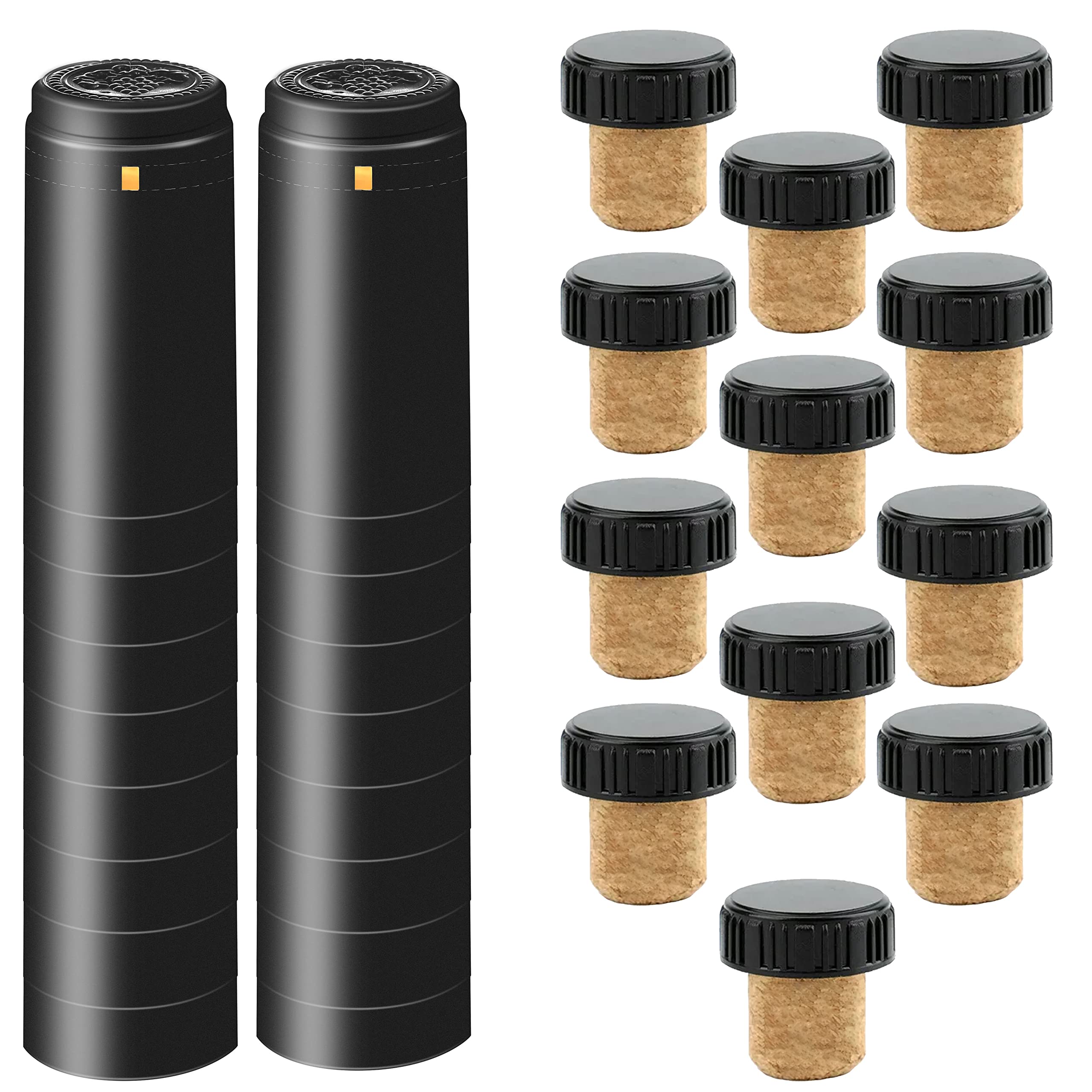 ZHBWOW Shrink Wine Bottle Caps for Sealing - Heat Wrap Sleeves with PVC Seals for Cruise and Home 100 Pack Matte Red Caps & 12 Pack Black Caps with Tasting Corks (black)