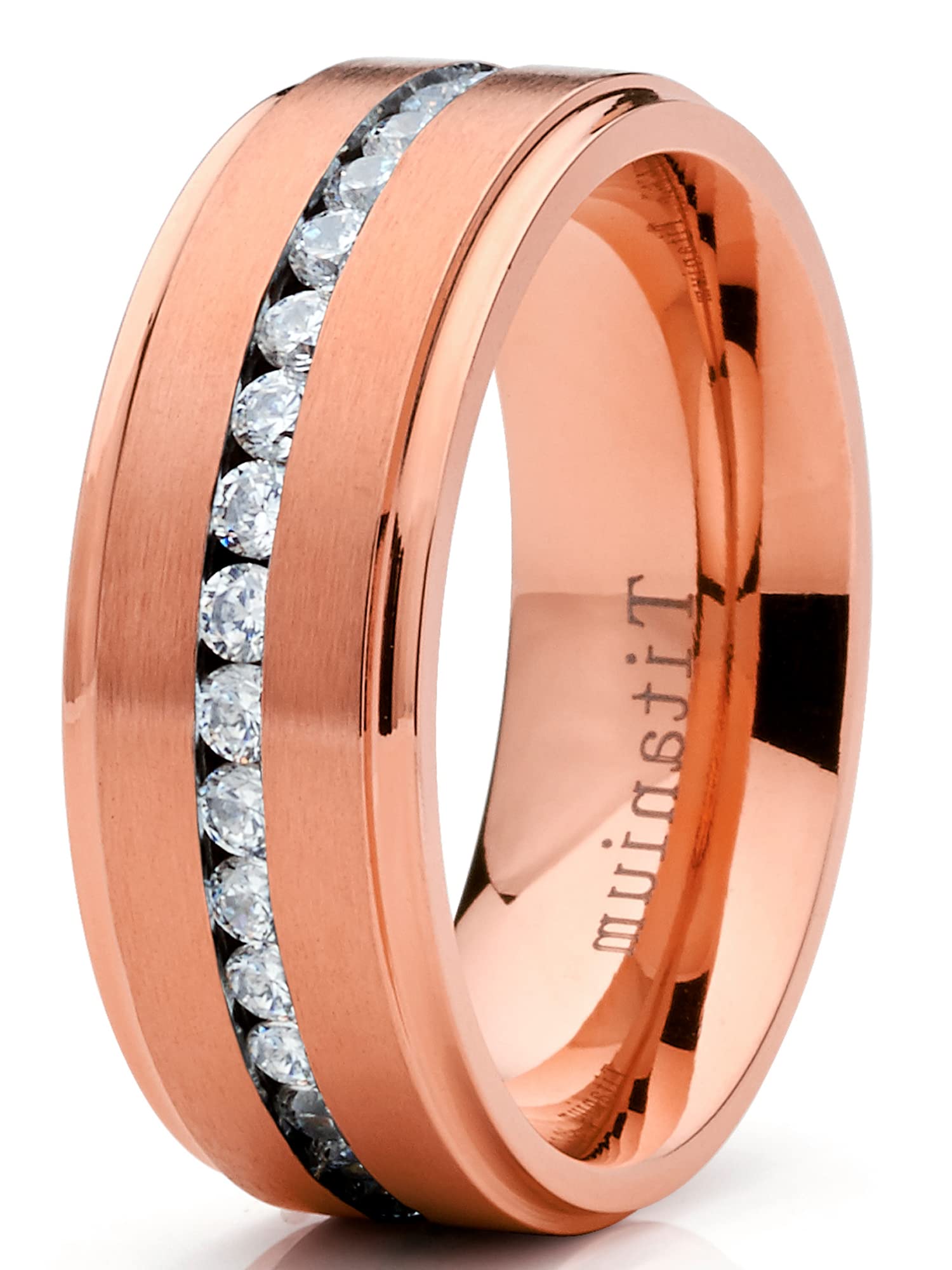 Metal Masters 7MM Men's Eternity Titanium Ring Rosegold-tone Wedding Band Cubic Zirconia CZ