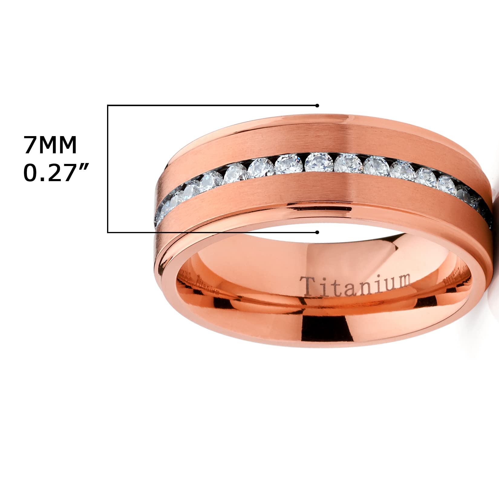 Metal Masters 7MM Men's Eternity Titanium Ring Rosegold-tone Wedding Band Cubic Zirconia CZ
