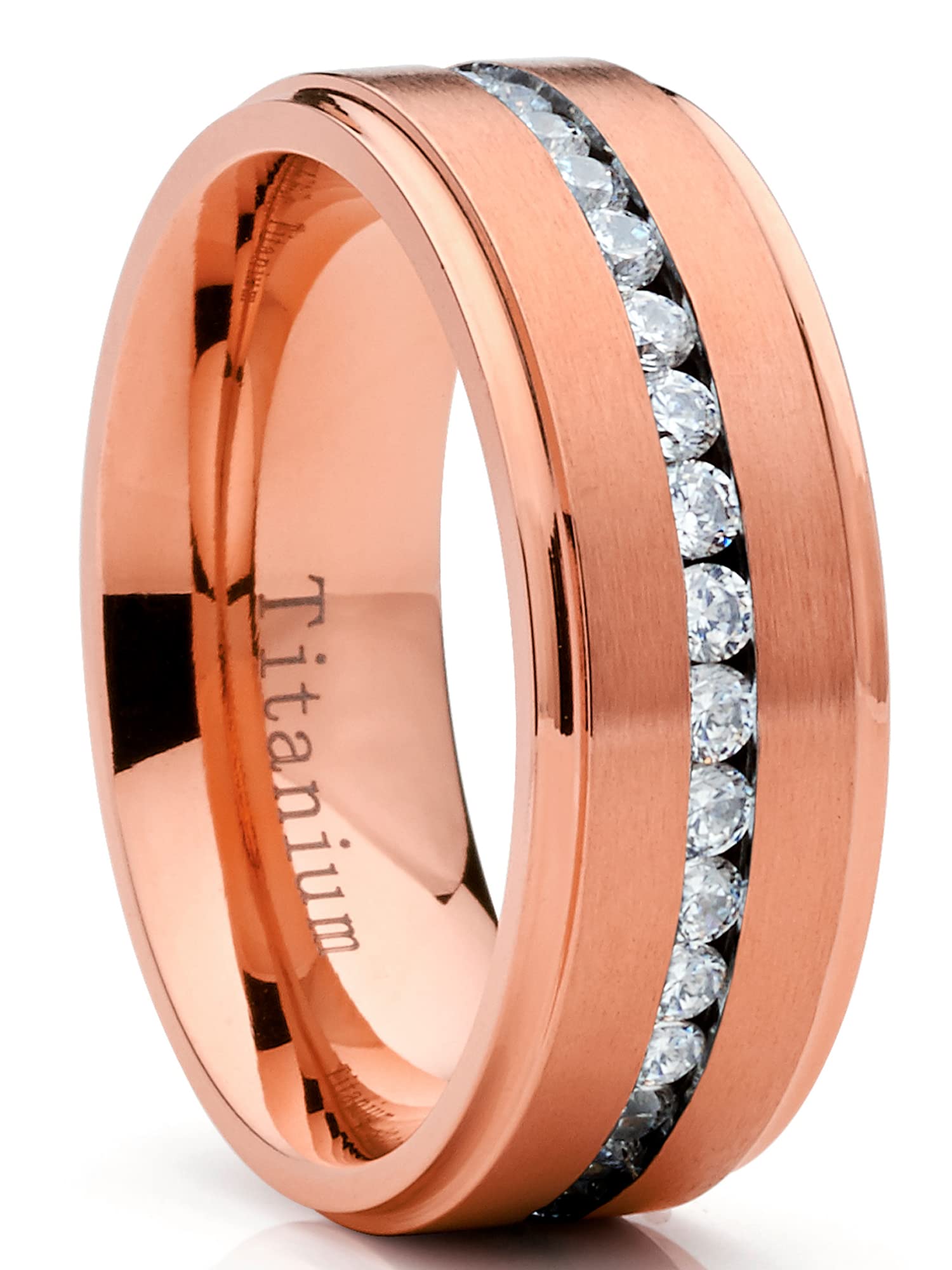 Metal Masters 7MM Men's Eternity Titanium Ring Rosegold-tone Wedding Band Cubic Zirconia CZ