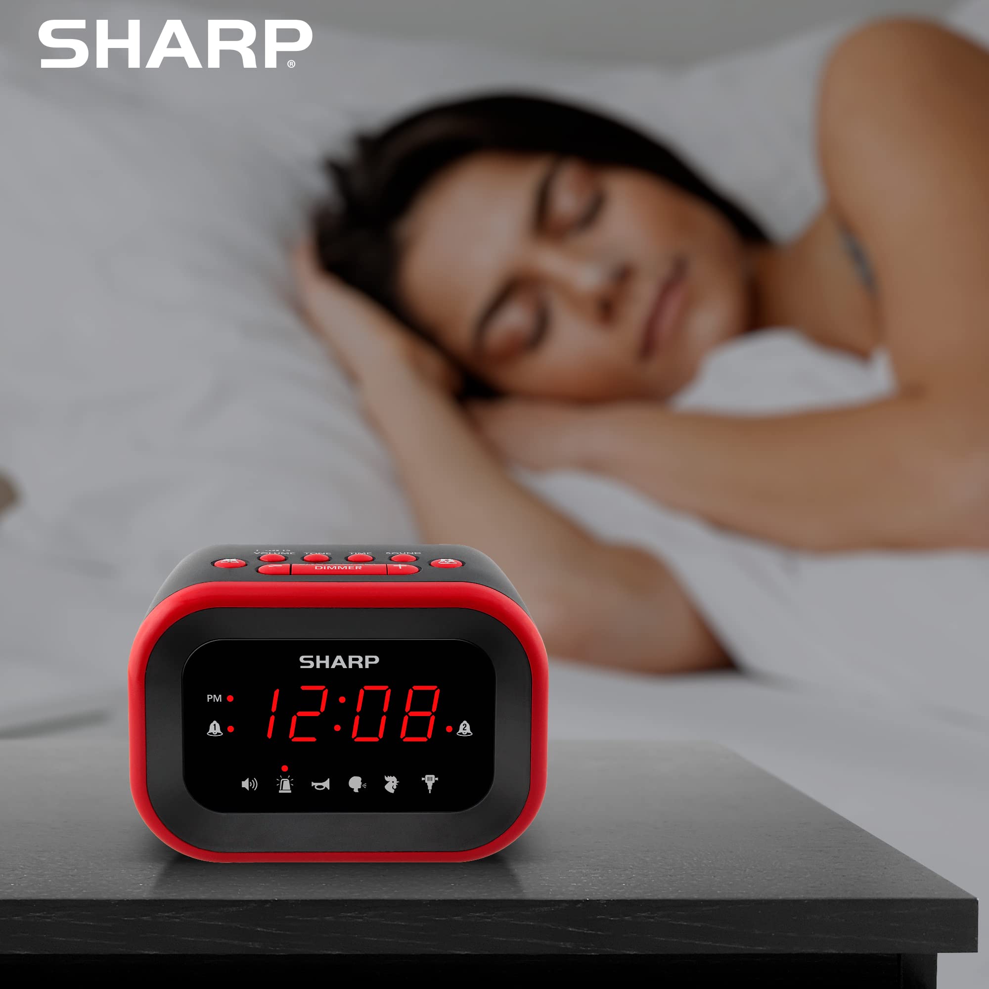 Sharp Big Bang Super Loud Alarm Clock for Heavy Sleepers, 6 Extremely Loud Wake Up Sounds: Rooster, Bugle, Nagging Mom, Jackhammer, Siren, Beep – Up to 115db Volume, Red/Black with Red LED Display