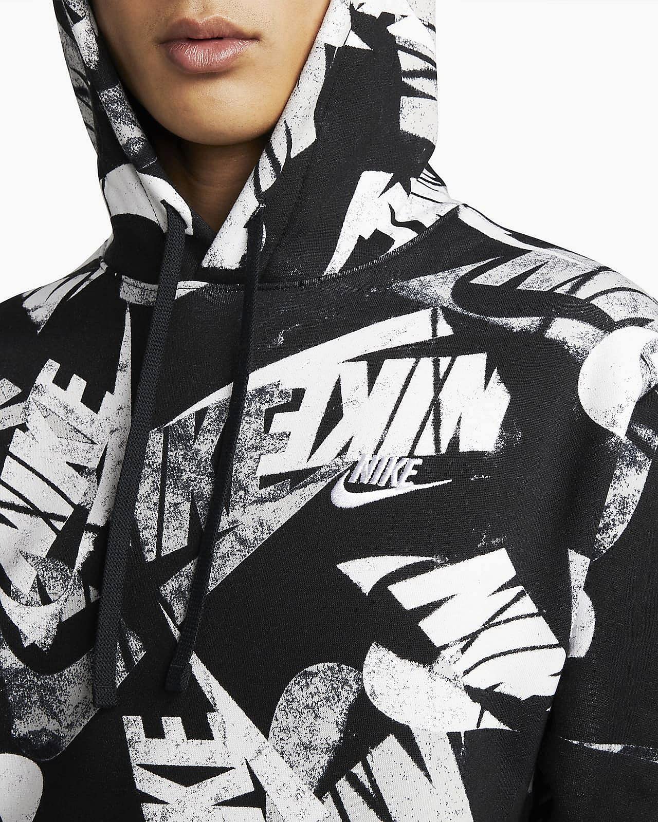 Nike Men's Essentials+ Allover Print Fleece Hoodie Black/White Medium