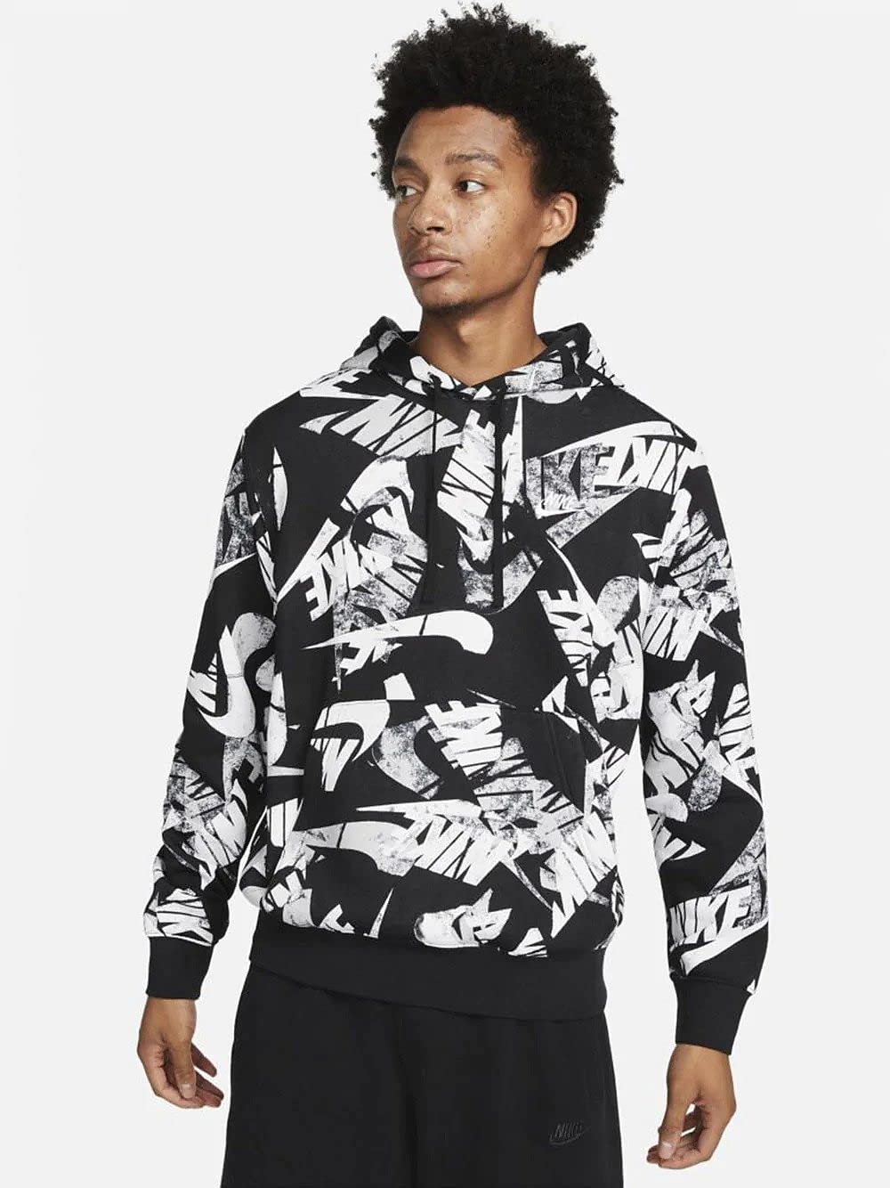 Nike Men's Essentials+ Allover Print Fleece Hoodie Black/White Medium