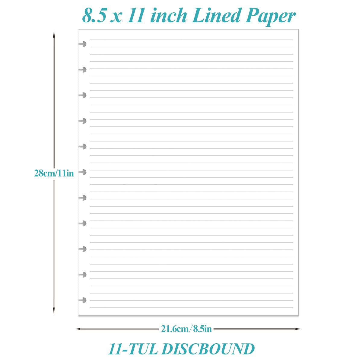A4 TUL Discbound Lined Refill Paper, 11 Disc Hole Punched Ruled Filler Paper, 100Sheets / 200Pages Loose-Leaf Paper, 100gsm White Paper, 8.5'' x 11''