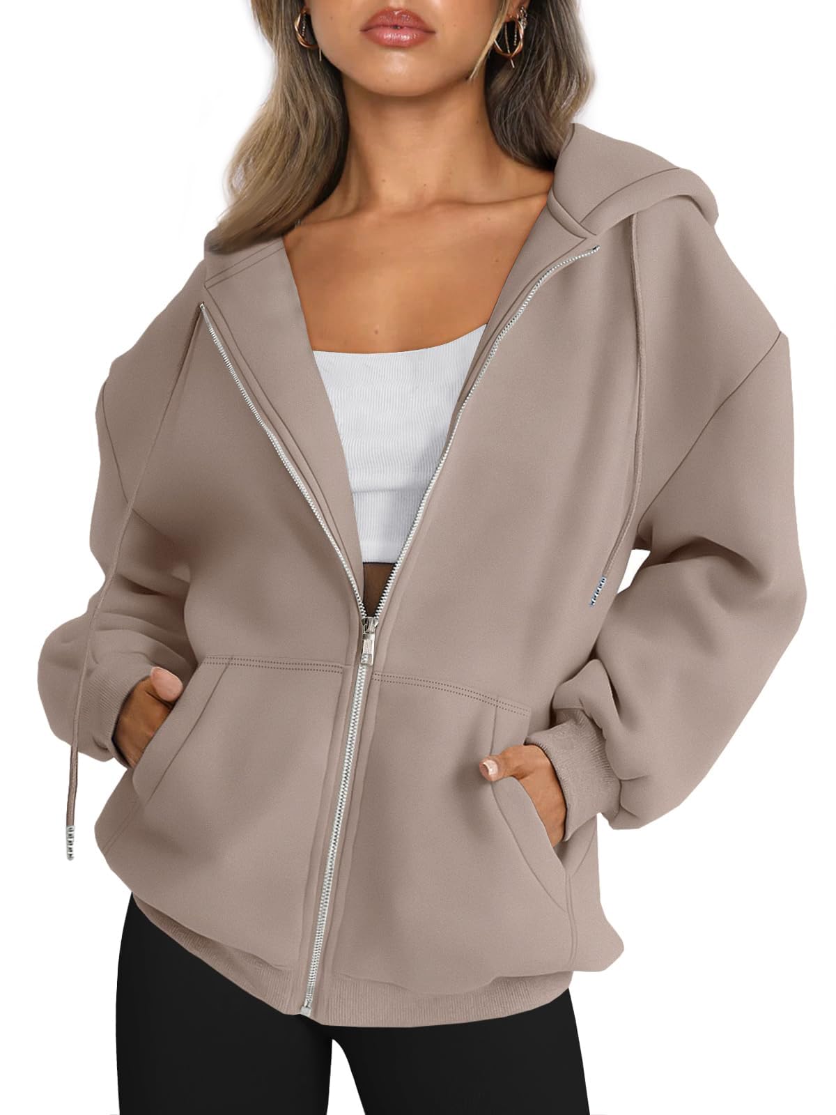 Trendy Queen Womens Zip Up Hoodies Oversized Sweatshirts Fall Fashion Outfits Casual Jackets 2025 Winter Clothes Nutmeg M