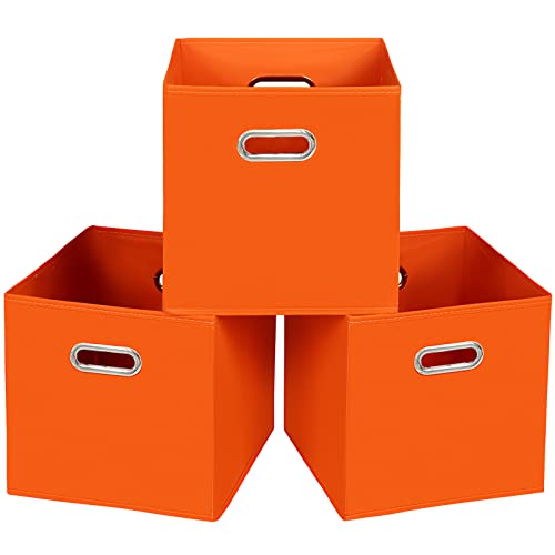 STOREONE 13 Inch Cube Organizer Bins ,Black Fabric Storage Bins，Foldable Storage Bins Basket with Dual Handles Fabric Organizer Bins and Storage Box，Set of 3,Orange