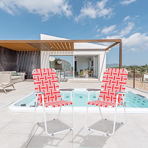 Guangshuohui Set of 2 Patio Lawn Webbed Folding Chairs, Outdoor Beach Chair Portable Camping Chair, Webbed Folding Chair for Yard, Garden (Red & White)
