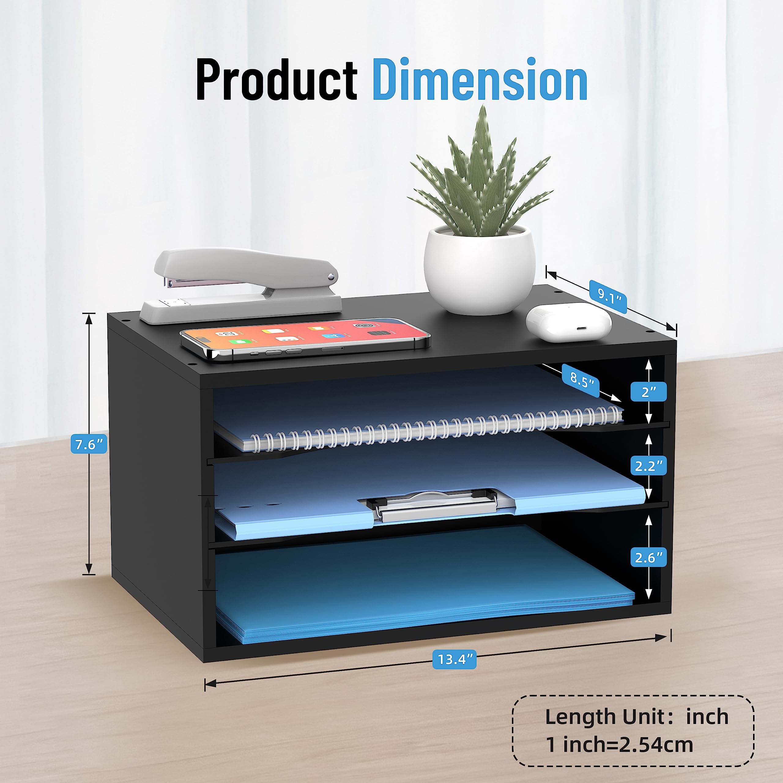 SHARKWOODS 3-Tier Paper Organizer for Desk, Wood Desktop Organizer with Adjustable Letter Tray, Mail Sorter for Office School & Home, Black
