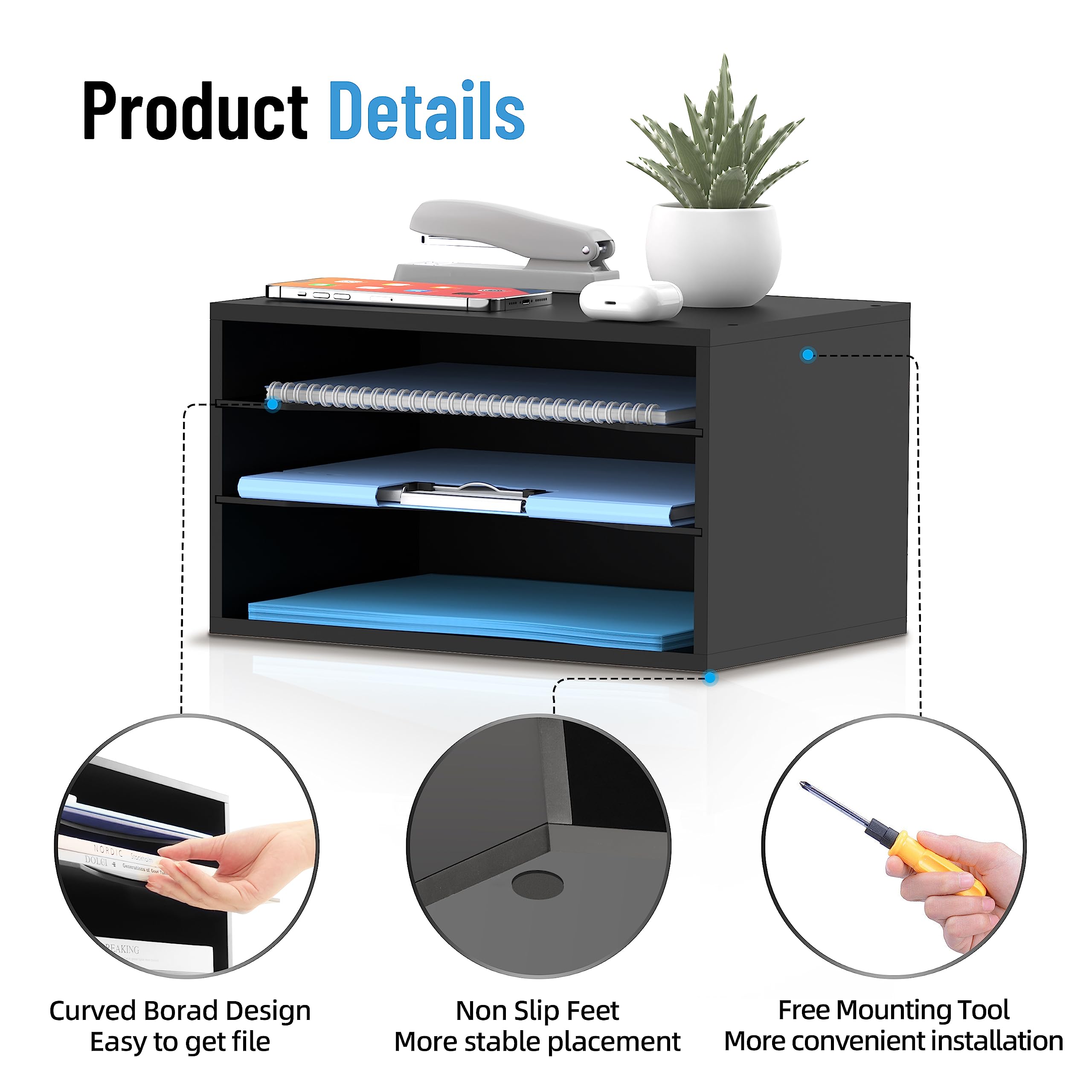 SHARKWOODS 3-Tier Paper Organizer for Desk, Wood Desktop Organizer with Adjustable Letter Tray, Mail Sorter for Office School & Home, Black
