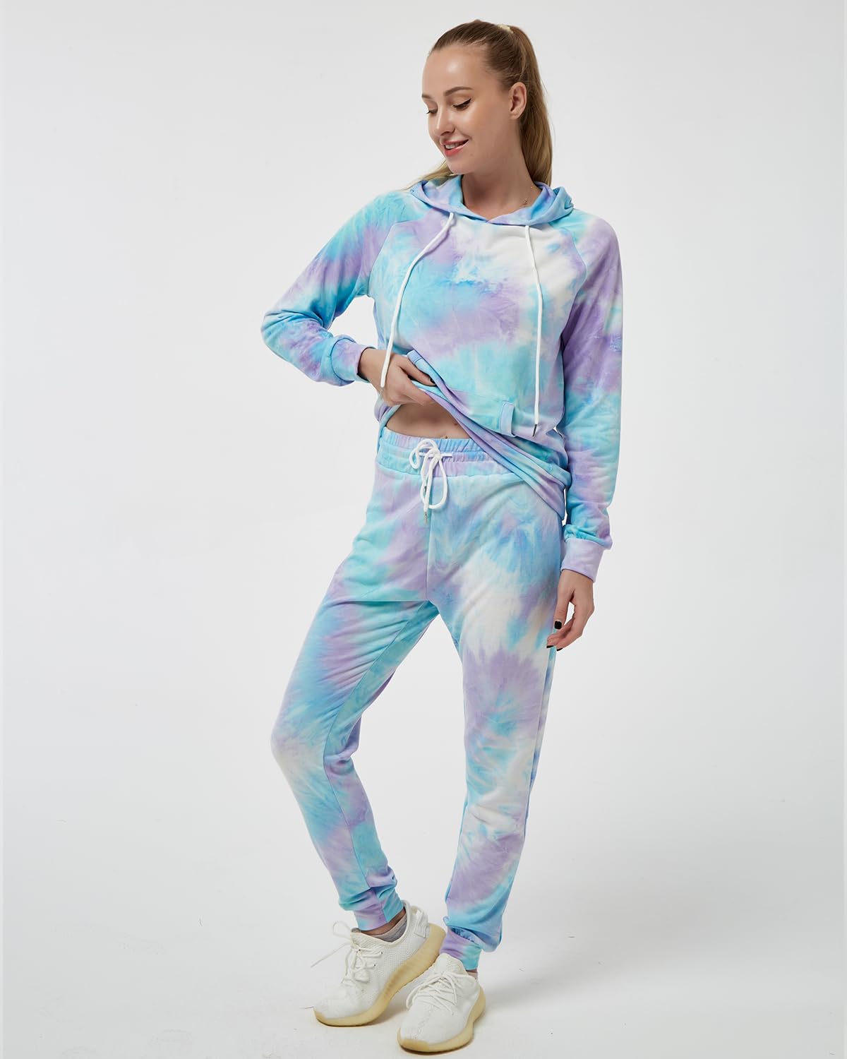 FUPHINE Women's Tie Dye Jogger Outfit Sweatsuit 2 Piece Sweatshirt Long Sleeve Hooded and Pants Lounge Sets Tracksuit (Tie-Dye Light Purple,XL)