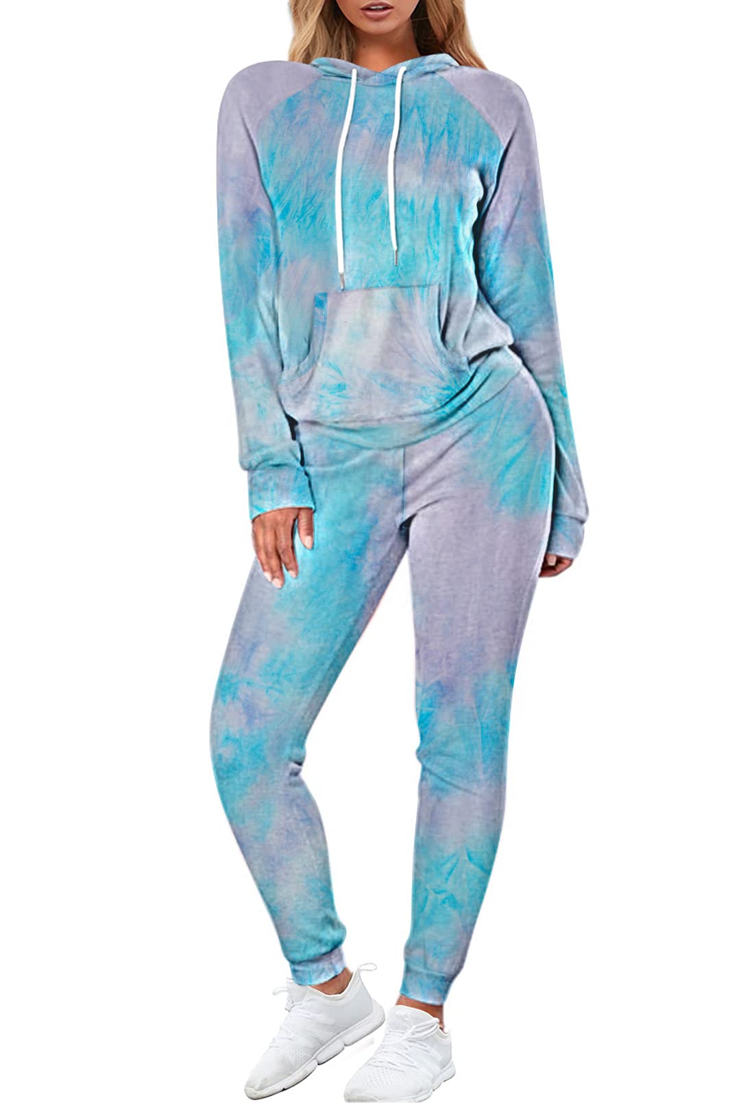 FUPHINE Women's Tie Dye Jogger Outfit Sweatsuit 2 Piece Sweatshirt Long Sleeve Hooded and Pants Lounge Sets Tracksuit (Tie-Dye Light Purple,XL)