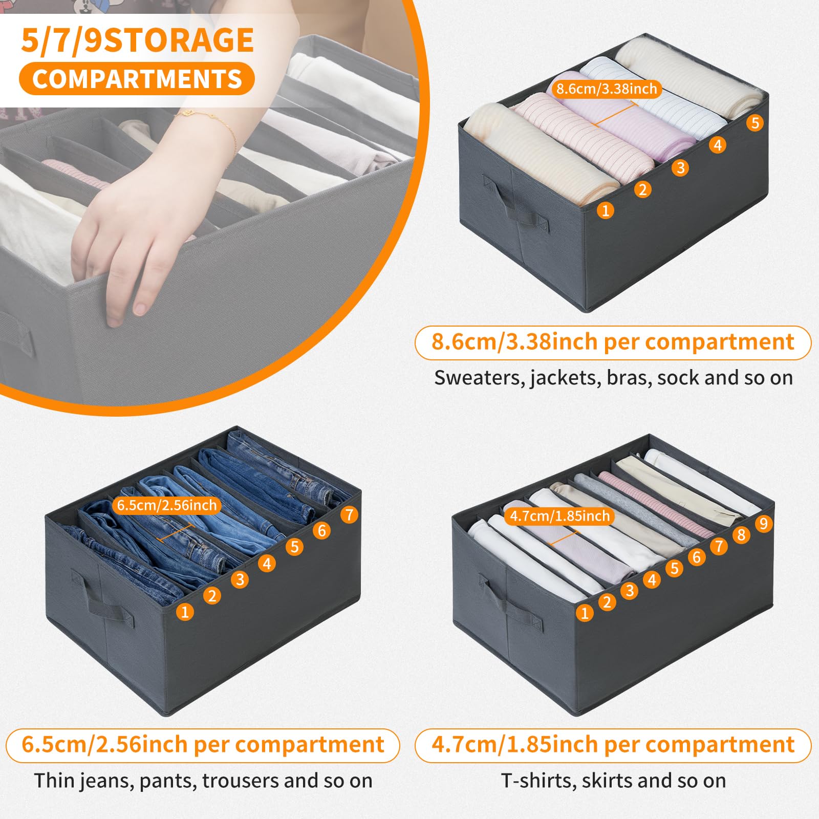6 Pcs Large Size Wardrobe Clothes Organizers 5/7/9 Grids Foldable Clothes Organizers with Handles for Pants, Jeans, Sweater, T-shirt, Thin Coat, Dress 16.9 x 11.8 x 8.6 Inches Stackable Storage Bin