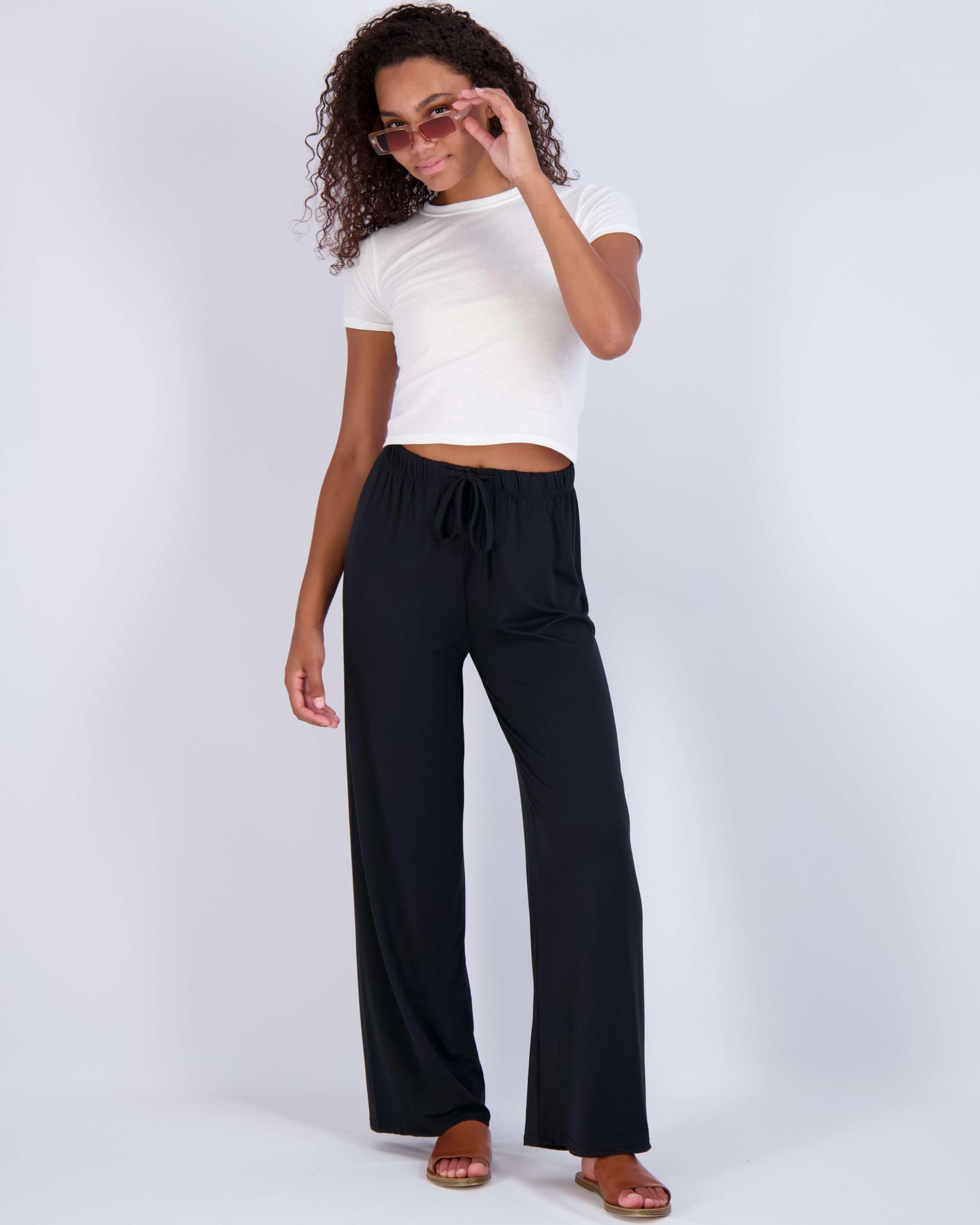 Real Essentials 3 Pack Soft Palazzo Pajama Pants for Women, Wide Leg Comfortable Casual Lounge Yoga Bottoms, Multicolor, Set 7, X-Large