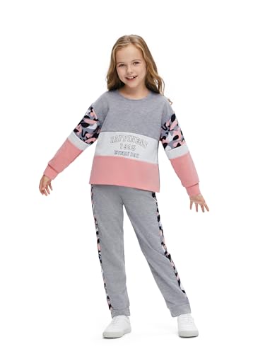 PATPAT Girls Outfits Grey Pink Crew Neck Leopard Color Block Sweatshirt and Sweatpant Girls Outfits Size 7/8