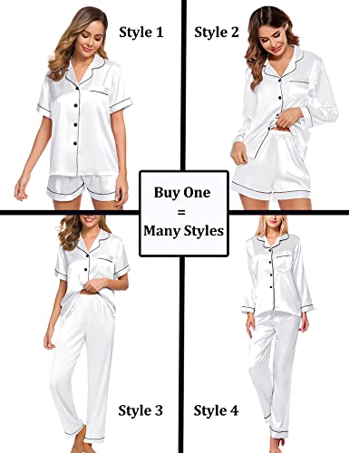 SWOMOG Women 4Pcs Silk Pajamas Set Button Down Sleepwear Loungewear Pj Sets for Ladies Nightwear White Large