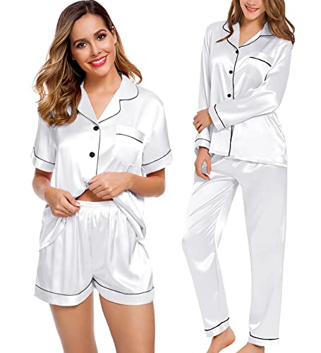 SWOMOG Women 4Pcs Silk Pajamas Set Button Down Sleepwear Loungewear Pj Sets for Ladies Nightwear White Large
