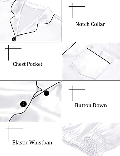 SWOMOG Women 4Pcs Silk Pajamas Set Button Down Sleepwear Loungewear Pj Sets for Ladies Nightwear White Large