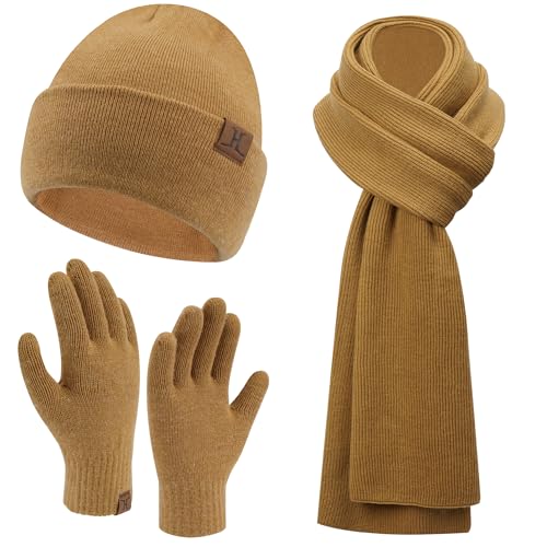 Mens Winter Warm Beanie Hats Long Scarf Neck Touchscreen Gloves Set Ribbed Knit Skull Caps Scarves Gloves for Women Man Brown