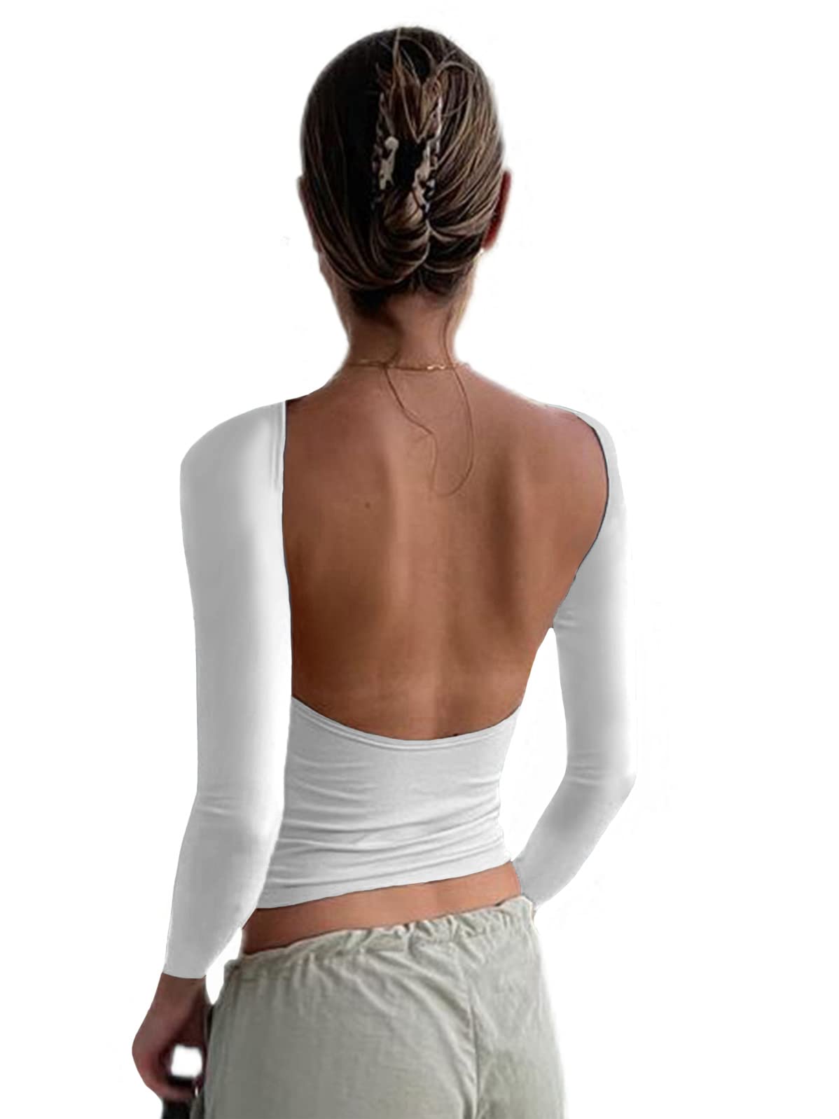 Women's Backless T-Shirts Y2K Crop Top Solid Casual Long Sleeve Sexy Vintage Cut Out 2023 Summer Fashion (Long-Sleeve-White, Small)