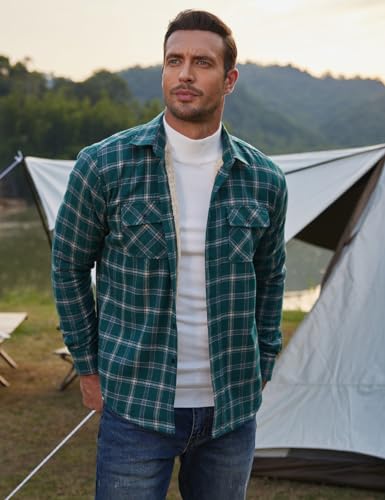 COOFANDY Mens Cotton Long Sleeve Plaid Shirts Casual Lined Fleece Plaid Flannel Shirts Jacket Green X-Large