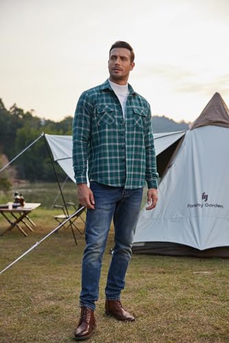 COOFANDY Mens Cotton Long Sleeve Plaid Shirts Casual Lined Fleece Plaid Flannel Shirts Jacket Green X-Large