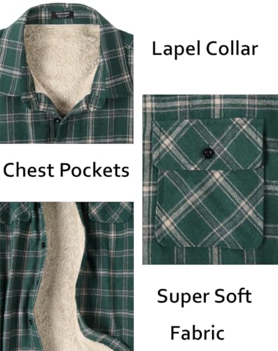 COOFANDY Mens Cotton Long Sleeve Plaid Shirts Casual Lined Fleece Plaid Flannel Shirts Jacket Green X-Large