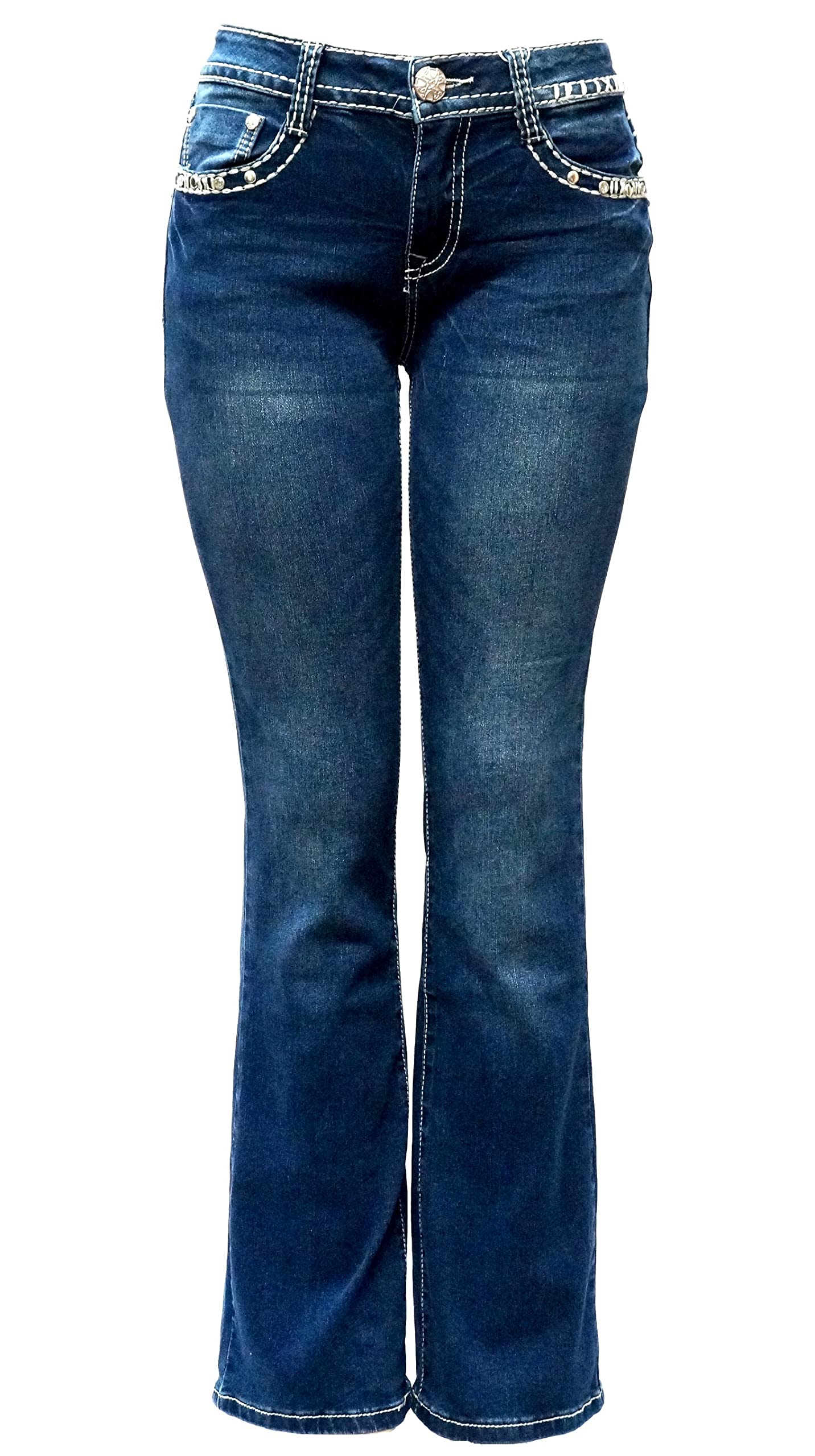 LA Idol Jack David U-Cute Rose 2 Rhinestone Studded Medium & Dark Wash Denim Bootcut Flap Pocket Jeans