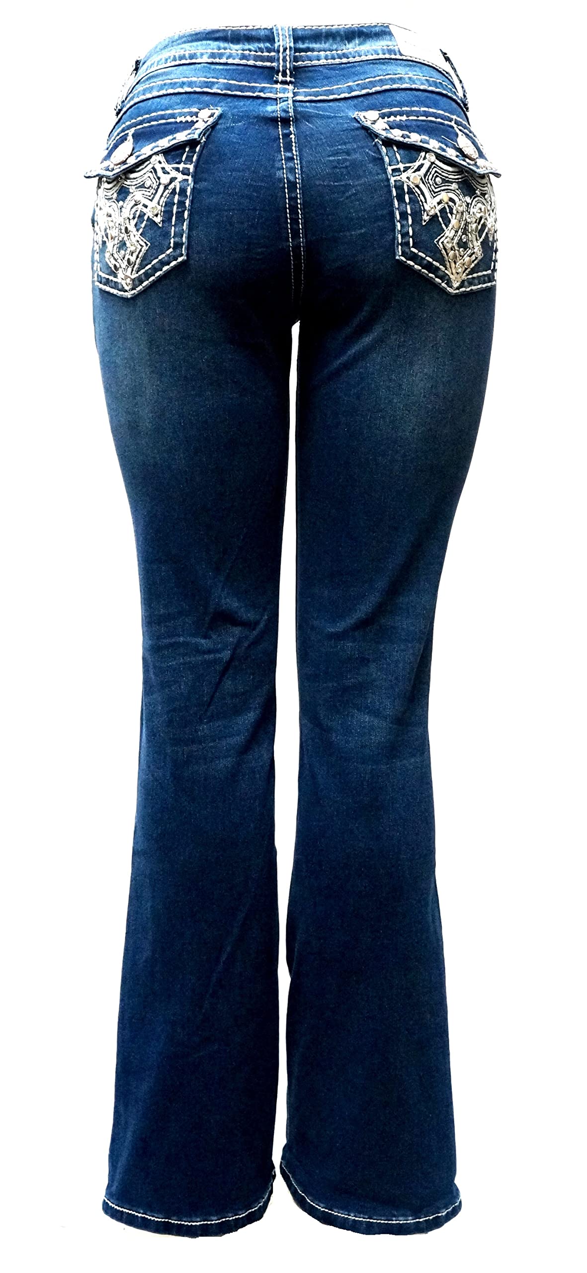 LA Idol Jack David U-Cute Rose 2 Rhinestone Studded Medium & Dark Wash Denim Bootcut Flap Pocket Jeans