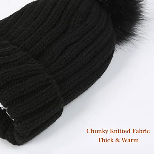 Muryobao Womens Winter Beanie Hat Warm Silk Satin Lined Cuffed Cable Knit Hat with Detachable Pom Ski Skull Cap Black