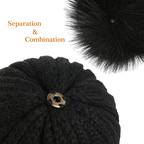 Muryobao Womens Winter Beanie Hat Warm Silk Satin Lined Cuffed Cable Knit Hat with Detachable Pom Ski Skull Cap Black