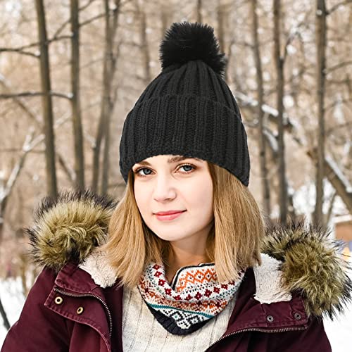 Muryobao Womens Winter Beanie Hat Warm Silk Satin Lined Cuffed Cable Knit Hat with Detachable Pom Ski Skull Cap Black